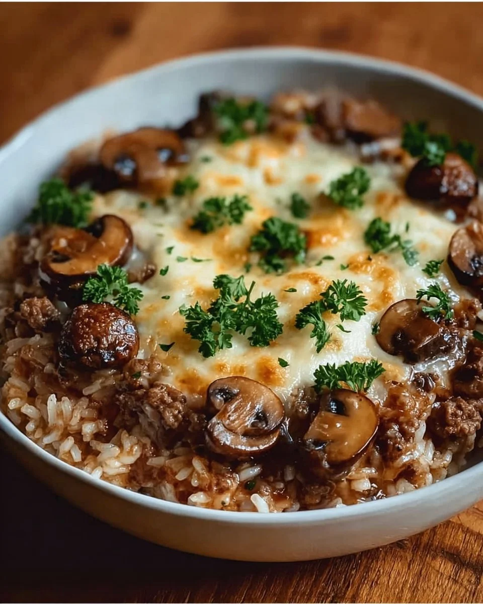 Mediterranean Creamy Beef & Mushroom Rice Bake | sweettr